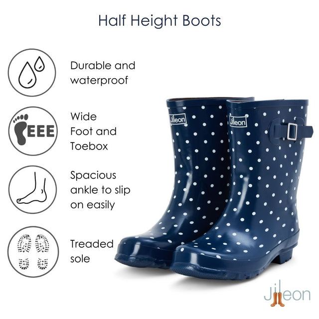Womens Half Height Rain Boots - Navy Spot - Wide in Foot and Ankle ...
