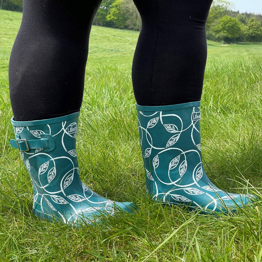 Womens Half Height Rain Boots - Teal Leaves - Wide in Foot and Ankle ...