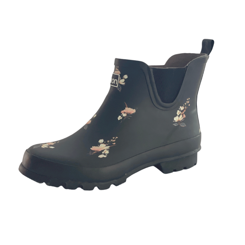Black Floral Design Ankle Rain Boots - Fit Wide Foot and Calf – Jileon ...