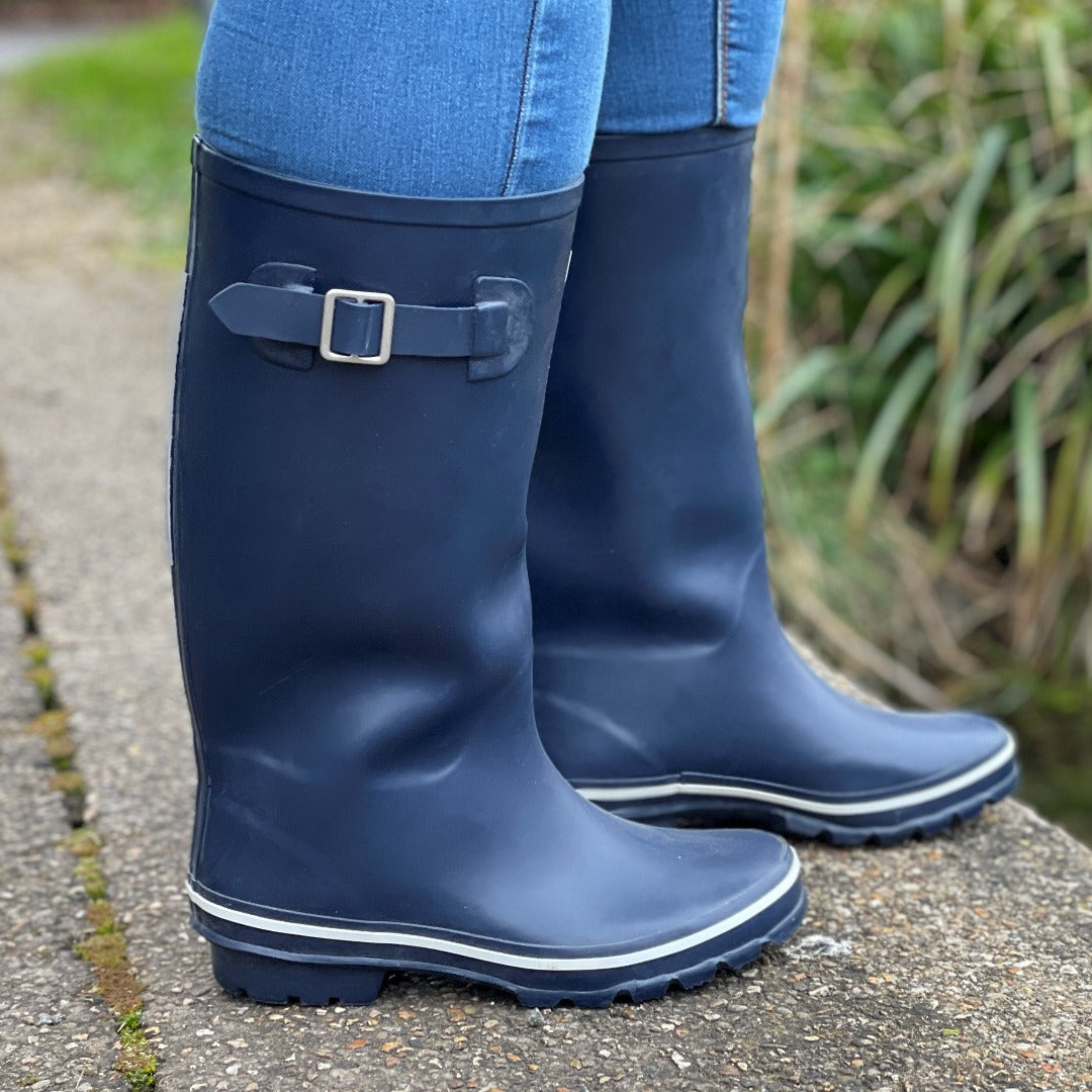 Womens Wide Calf Rain Boots - Navy with Cream Trim - 15 to 18 inch Calf ...